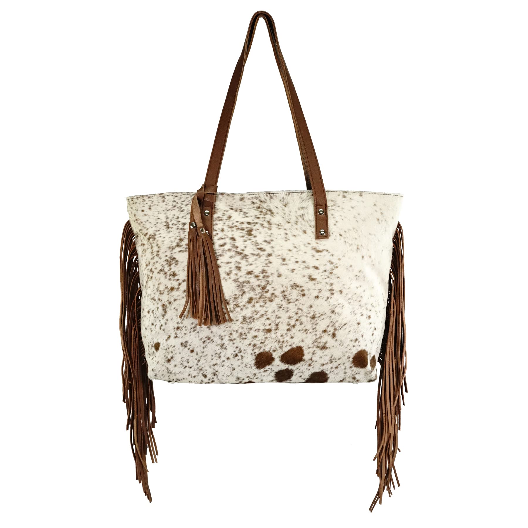 bonanza leathers Cowhide Shoulder Bag - Stylish Western Fringe Purse w/Zipper Closure - Durable Western Tote Bag & Leather Bag for Daily Use - Western Purse w/Unique Cowhide Pattern - Chocolate
