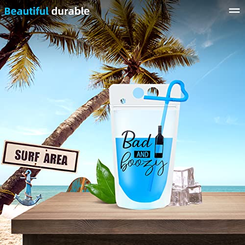 48pc Drink Pouches with Straws, Stand-Up Plastic Drink Pouches for Adults Bags with Zipper Party Beverage Bags Juice Pouches for Smoothie, Cold & Hot Drinks with 48 Drink Straws(48 Sets,6 Styles)