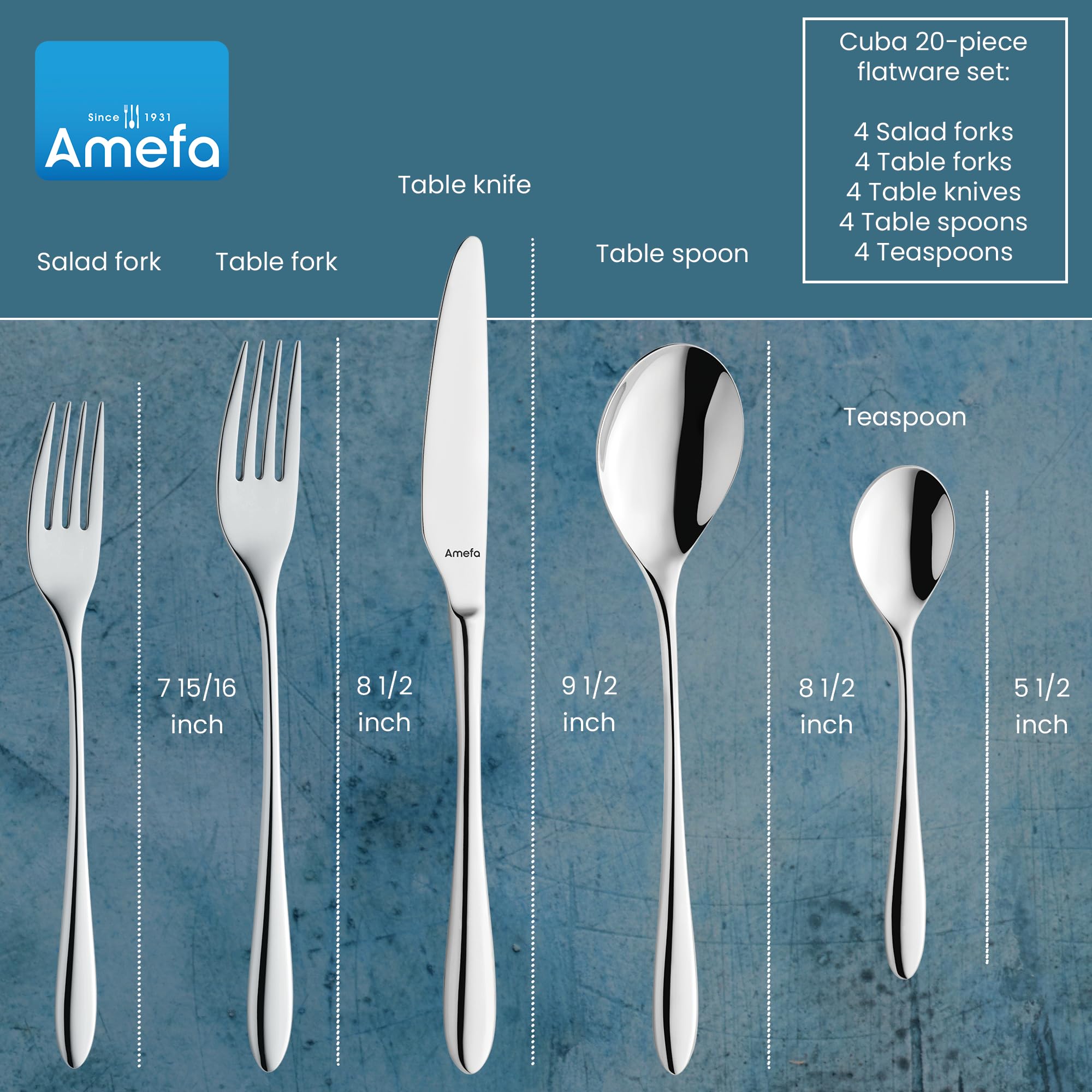 Amefa Cuba 20-piece Premium 18/10 Stainless Steel Flatware Set, High Gloss Mirror Finish, Silverware Set Service for 4, Dishwasher Safe, Rust resistant Cutlery.