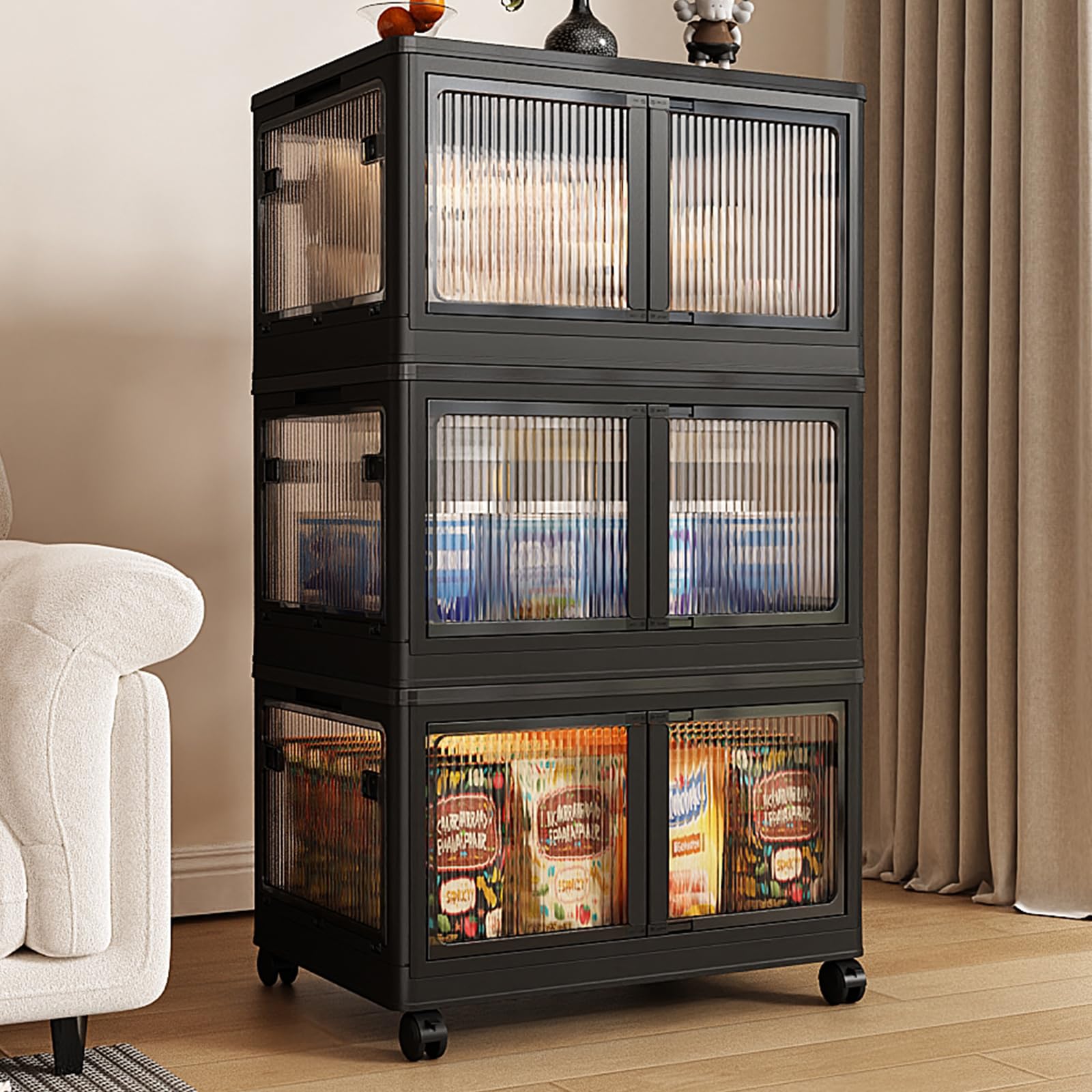 Fangtueh 90GAL Storage Bins with Lids, Stackable Storage Bins with Wheels, Collapsible Storage Bins with Doors, Large Plastic Storage Bins with Lid, Folding Storage Cabinet Container for Closet, Black
