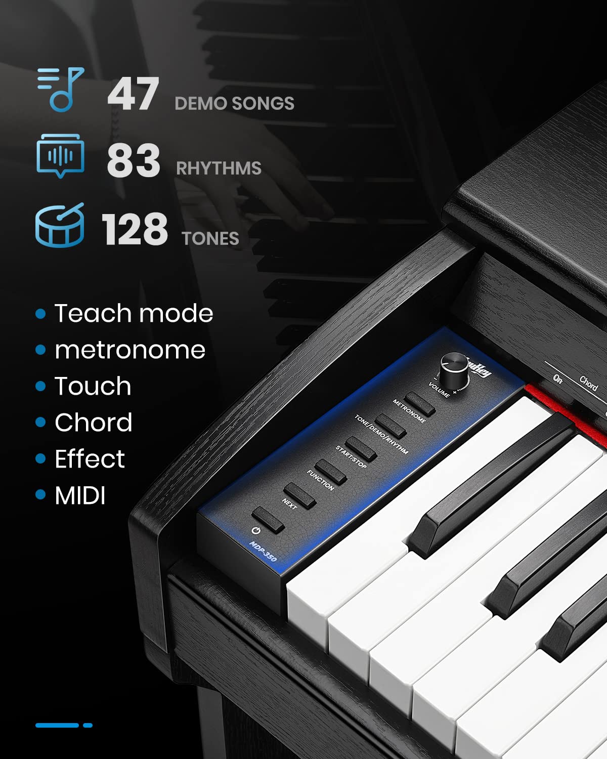 Moukey MDP-350 88-Key Semi Weighted Piano Action Digital Beginner Keyboard with Furniture Stand & Piano Stool, Triple Pedals, Power Supply, Black