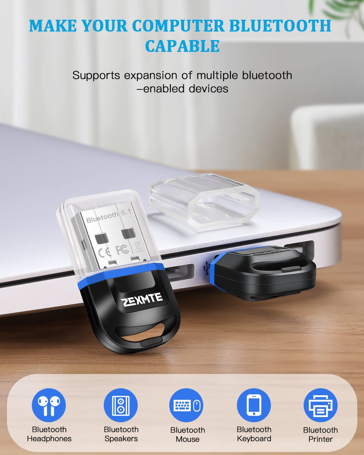 USB Bluetooth Adapter for PC - ZEXMTE Bluetooth Adapter 5.1 EDR,Bluetooth Dongle Receiver for PC Windows 11/10/8/7 - PC to Bluetooth Adapter - Bluetooth USB Adapter for Computer/Laptop