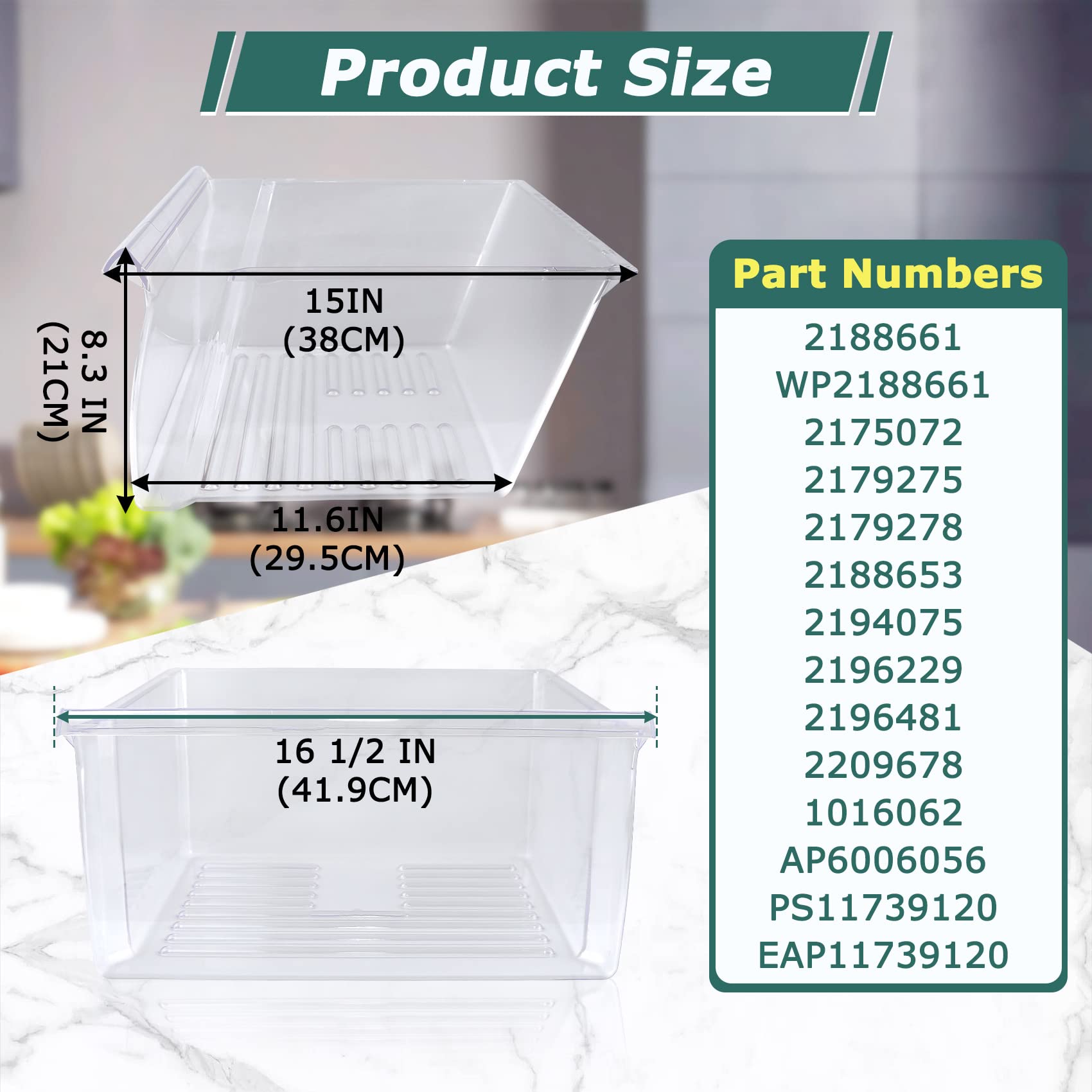 Hosile Crisper Bin, 4.5 Gallon Capacity, Clear Plastic, Replaces OEM Part #2188661, Fits Some Whirlpool, Kenmore, M-a-ytag, Amana, Estate, Crosley, Inglis, Roper, Ikea, Kirkland