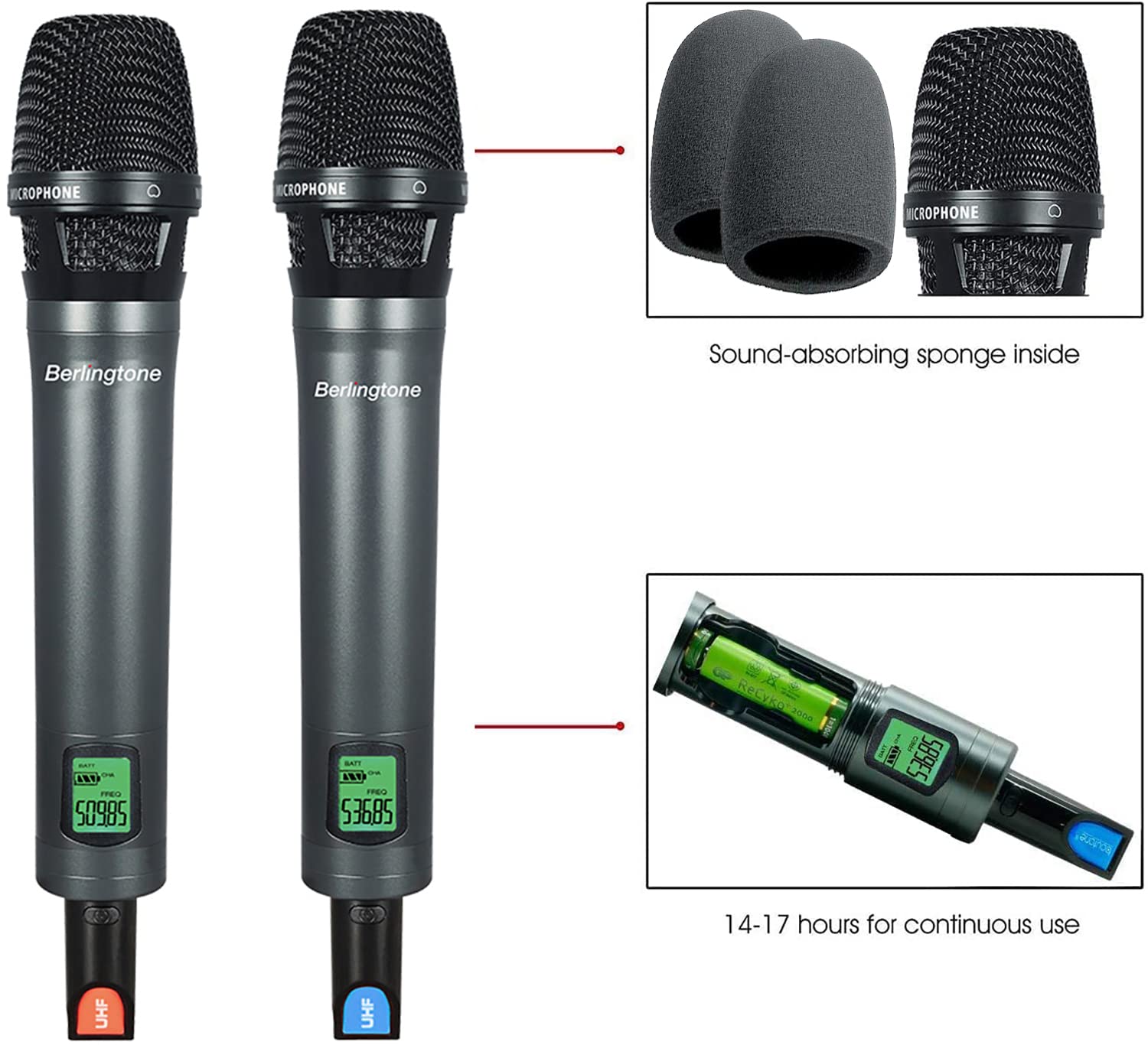 Berlingtone Wireless Microphone System, 2 Handheld Dynamic Microphones,120- Adjustable Frequency Channel, Metal case and mic for Karaoke, Meeting, Party, Church, DJ, Wedding, up 260ft Range (BR-56UM)
