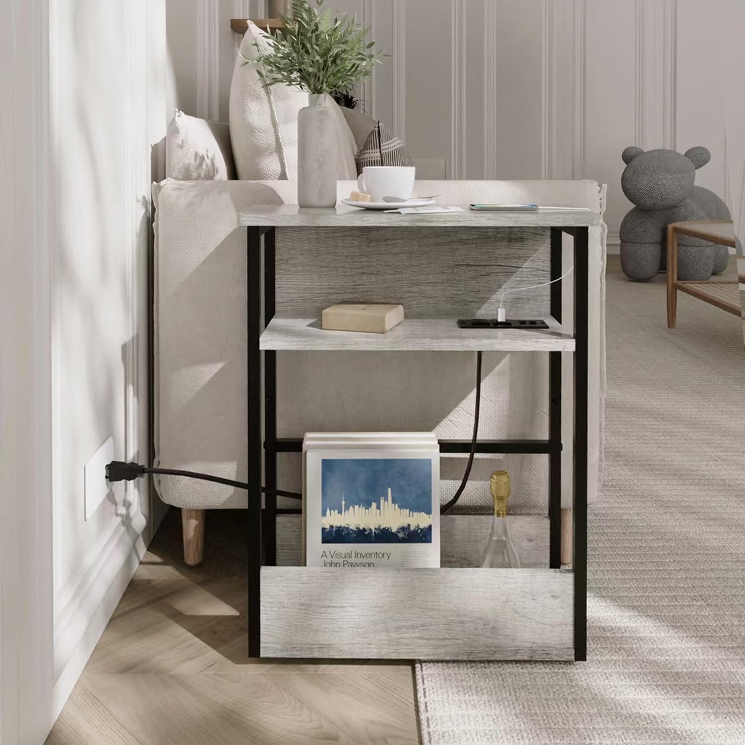 GGWEW Narrow End Table with Charging Station, 3 Tier Slim Side Table for Small Spaces, 23.6 Inch Height Thin Tables with Storage Shelf and Magazine Rack for Living Room, Light Grey Blue