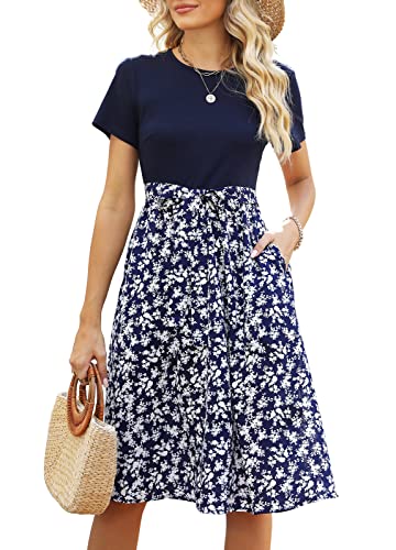 Berydress Knee Length Dress for Women Summer Casual Short Sleeve Modest A-Line Belt Party Work Dress with Pockets (S, 6188-Navy Floral)