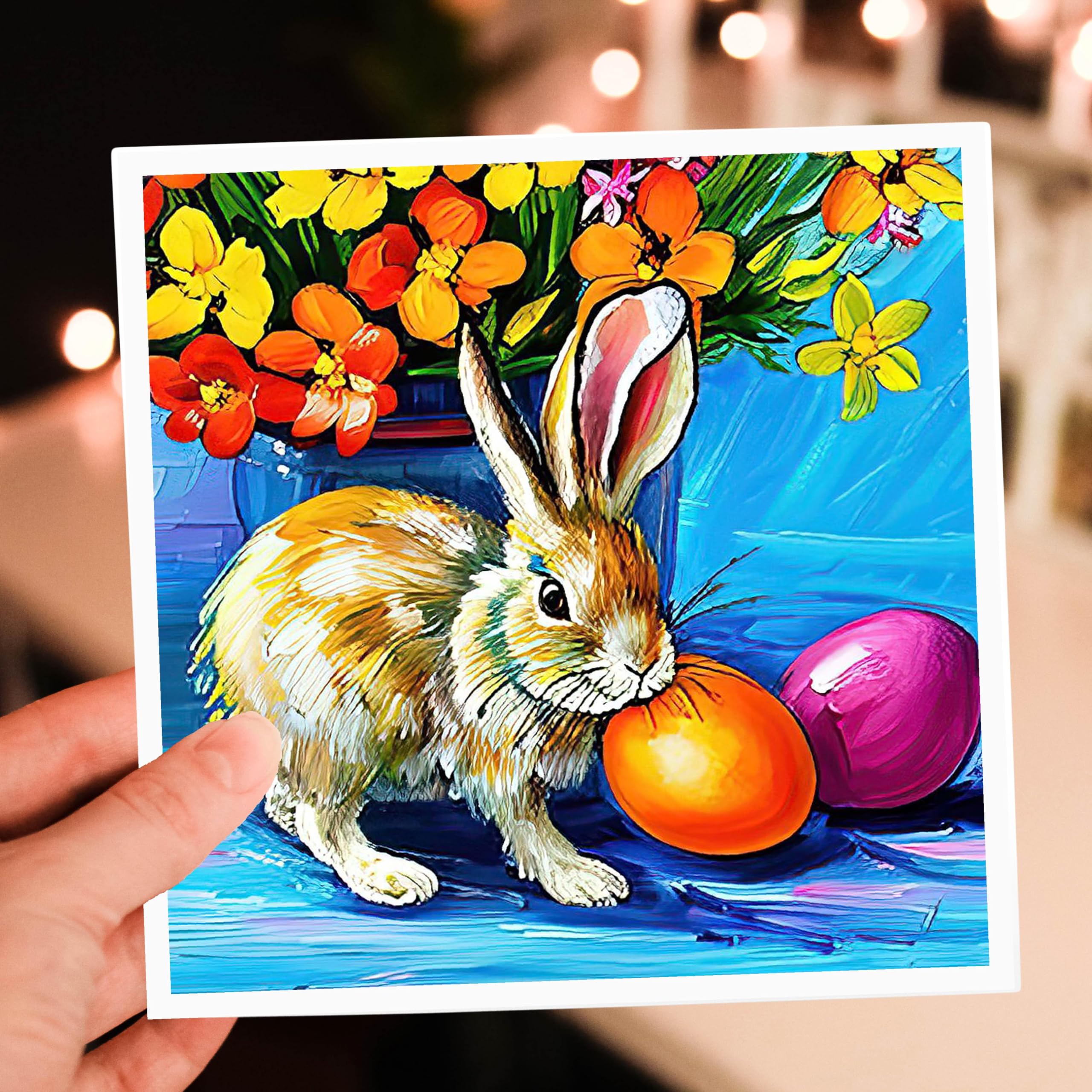 3dRose Greeting Card - Easter bunny, orange, purple eggs, a bunch of flowers in a blue bowl - Alexis Design - Holidays Easter