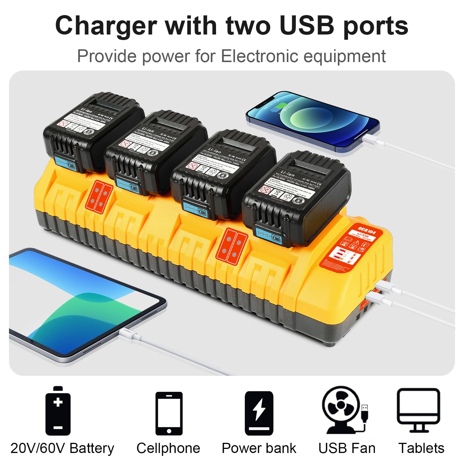 DCB104 Battery Charger Station Replacement for Dewalt Battery Charger, Fast Charging Matching Original 20V Max Batteries