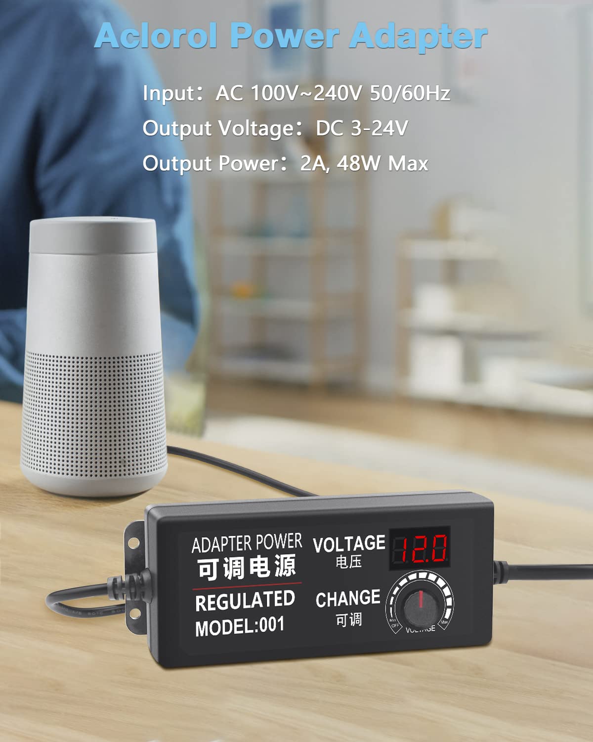 Aclorol Universal AC/DC Power Supply Adapter 48W AC 100-240V to DC 24V 2A 15V 12V 9V 6V 5V 3V 1A 1.5A 1000mA Power Supplies Adjustable Switching AC Adapter with Polarity Converter & 14 Tips