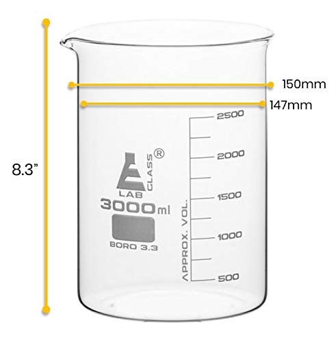 EISCO Beaker, 3000ml - Low Form with Spout - White, 250ml Graduations - Borosilicate 3.3 Glass