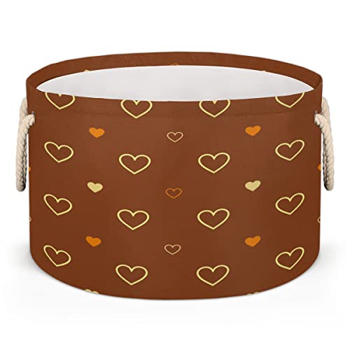 Colorful Decorative Hearts Brown Large Round Baskets for Storage Laundry Baskets with Handles Blanket Storage Basket for Bathroom Shelves Bins for Organizing Nursery Hamper Girl Boy