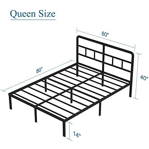 DiaOutro 14 Inch Queen Bed Frame with Headboard No Box Spring Needed, Heavy Duty Metal Queen Size Platform with Steel Slat, Mattress Foundation, Easy Assembly, Noise Free, Black