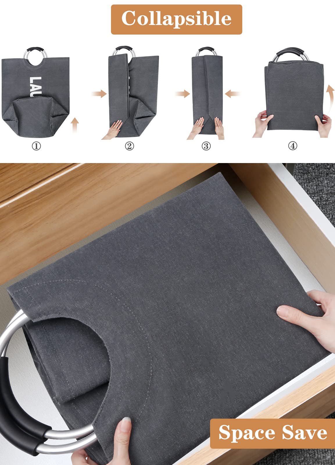 BlissTotes Large Laundry Basket Laundry Hamper Bag Washing Bin Clothes Bag Collapsible Tall With Handles Waterproof Travel Bathroom College Essentials Storage For College Dorm, Family (Grey, L)