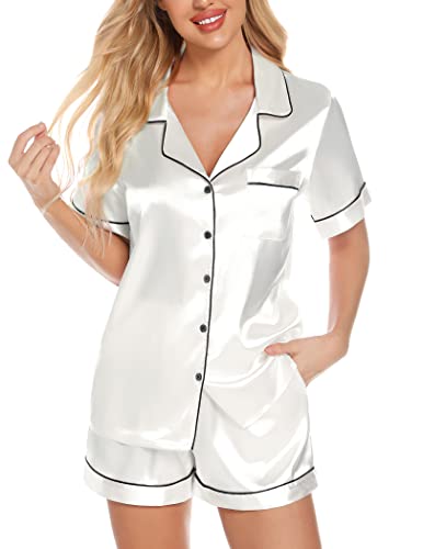 Anjue Bride Pj Sets Women's Satin Sleep Set Short Sleeve Sleepwear Soft Silk Pajama Set Bridesmaid Pjs(White,M)