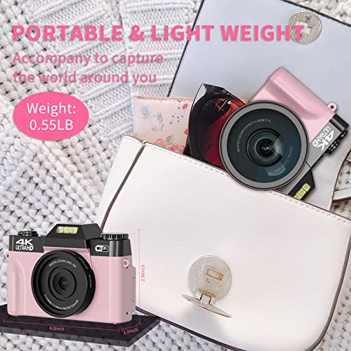 Digital Camera for Photography VJIANGER 4K 48MP Vlogging Camera for YouTube with WiFi, 16X Digital Zoom, 52mm Wide Angle & Macro Lens, 2 Batteries, 32GB TF Card(W02-Pink31)