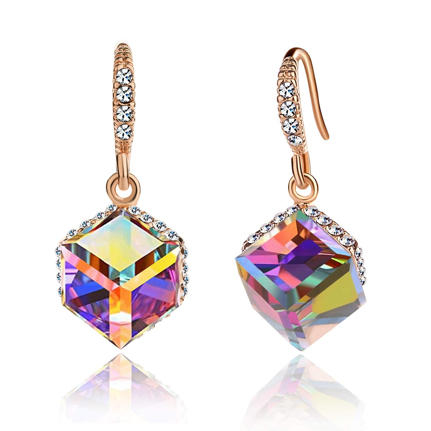 Austrian Crystal Cube Drop Dangle Earrings for Women 14K Gold Plated Hypoallergenic Jewelry (Rainbow/Rose Gold-tone)