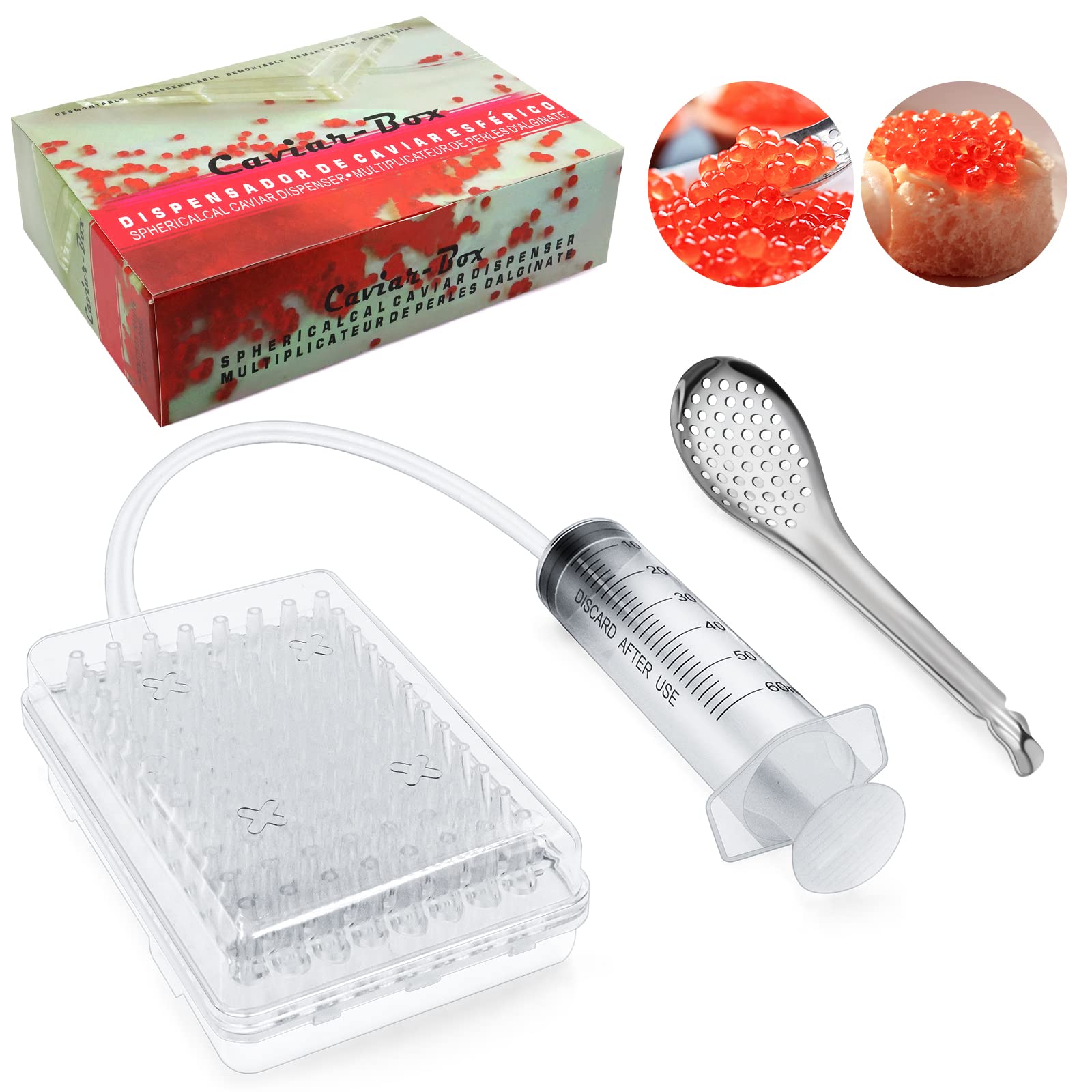 Caviar Maker Box, Spherification Dropper, Spherical Caviar Dispenser Rapid Popping Molecular Gastronomy Kit with Caviar Spoons, Suction Tray & Syringe (caviarmakerbox)