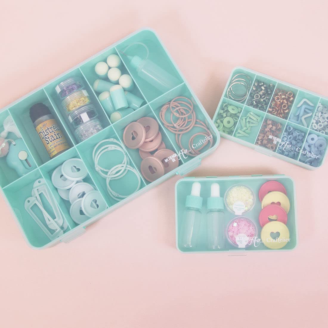 Craftelier - Mini Organizing Box with 10 Compartments for Scrapbooking and Craft Materials | Dimensions 14.6 x 9.1 x 3.2 cm (5.75β x 3.6β x 1.25") - Transparent and Turquoise Color