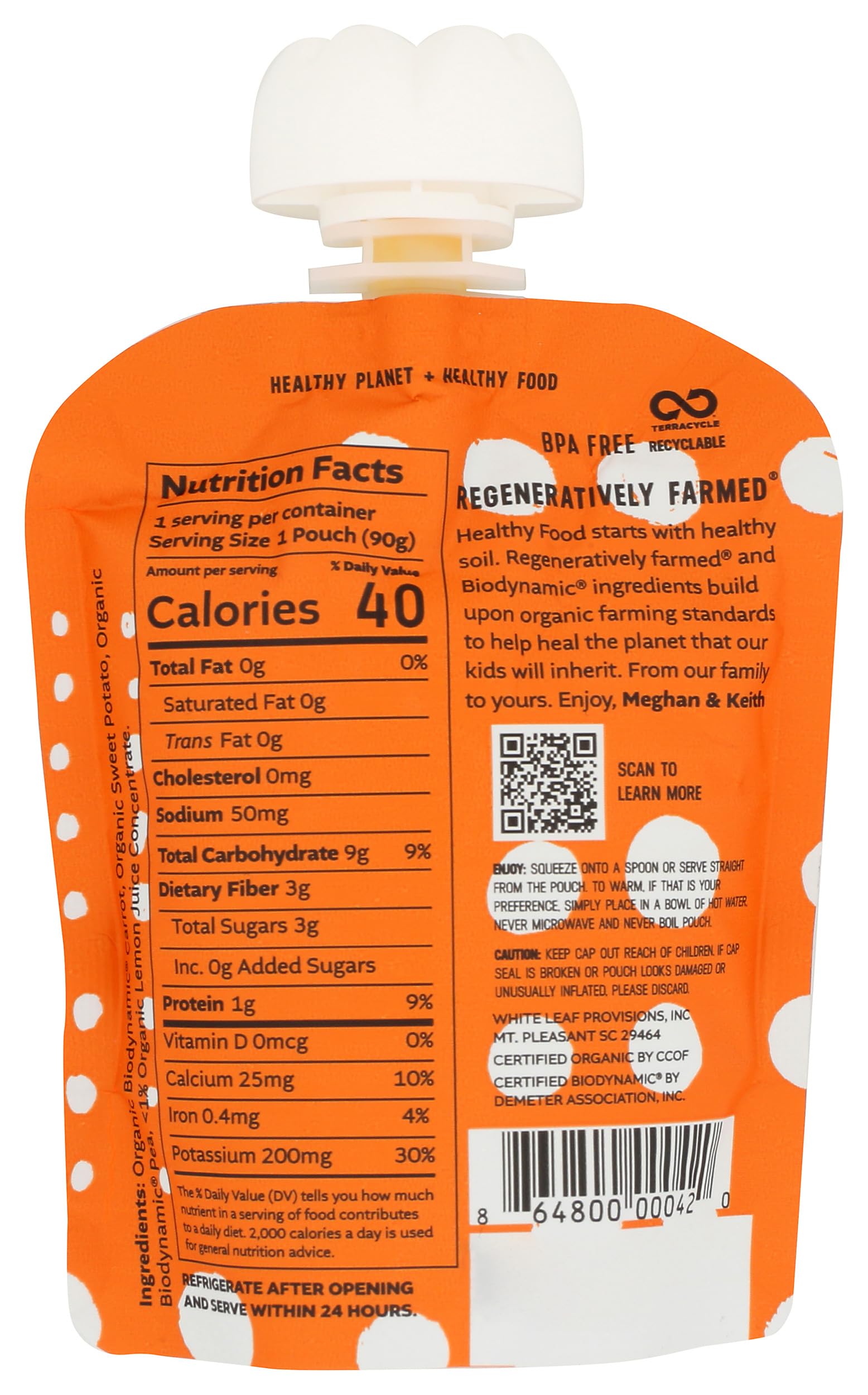 White Leaf Provisions Organic Carrot Sweet Potato Pea Baby Food, 3.17 OZ