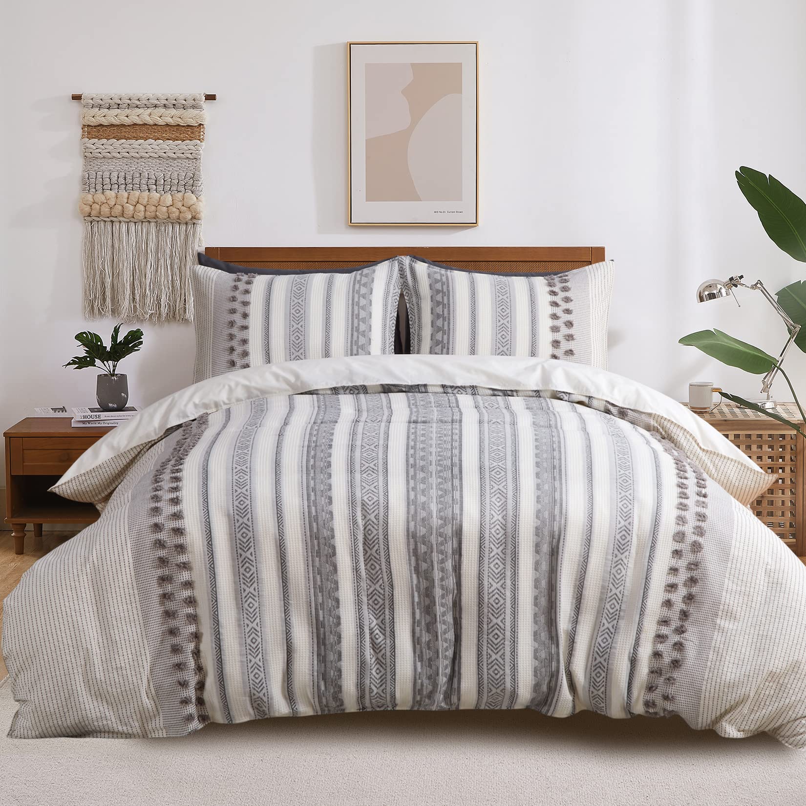 Cotton Jacquard Duvet Cover Set King Size, 3 Pieces Boho Yarn-Dyed Geometric Textured Farmhouse Duvet Cover Set with Waffle and Tufted Dots, 104x92 Inch