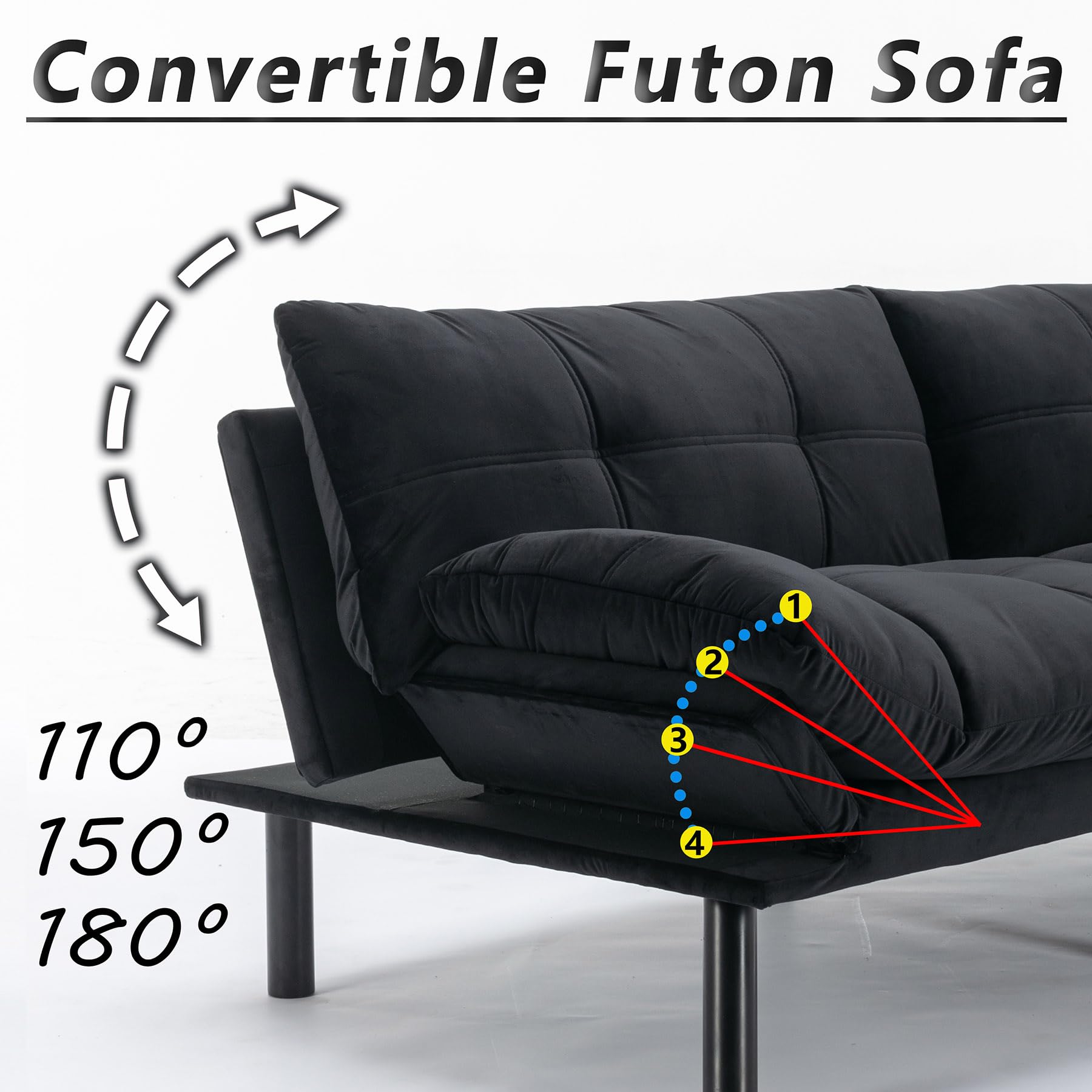71" Velvet Futon Couch Bed with Mattress Included,Convertible Folding Sleeper Sofa Bed with Adjustable Backrests,Modern Loveseat Sleeper for Living Room Bedroom Small Space Home Office (Black-1)