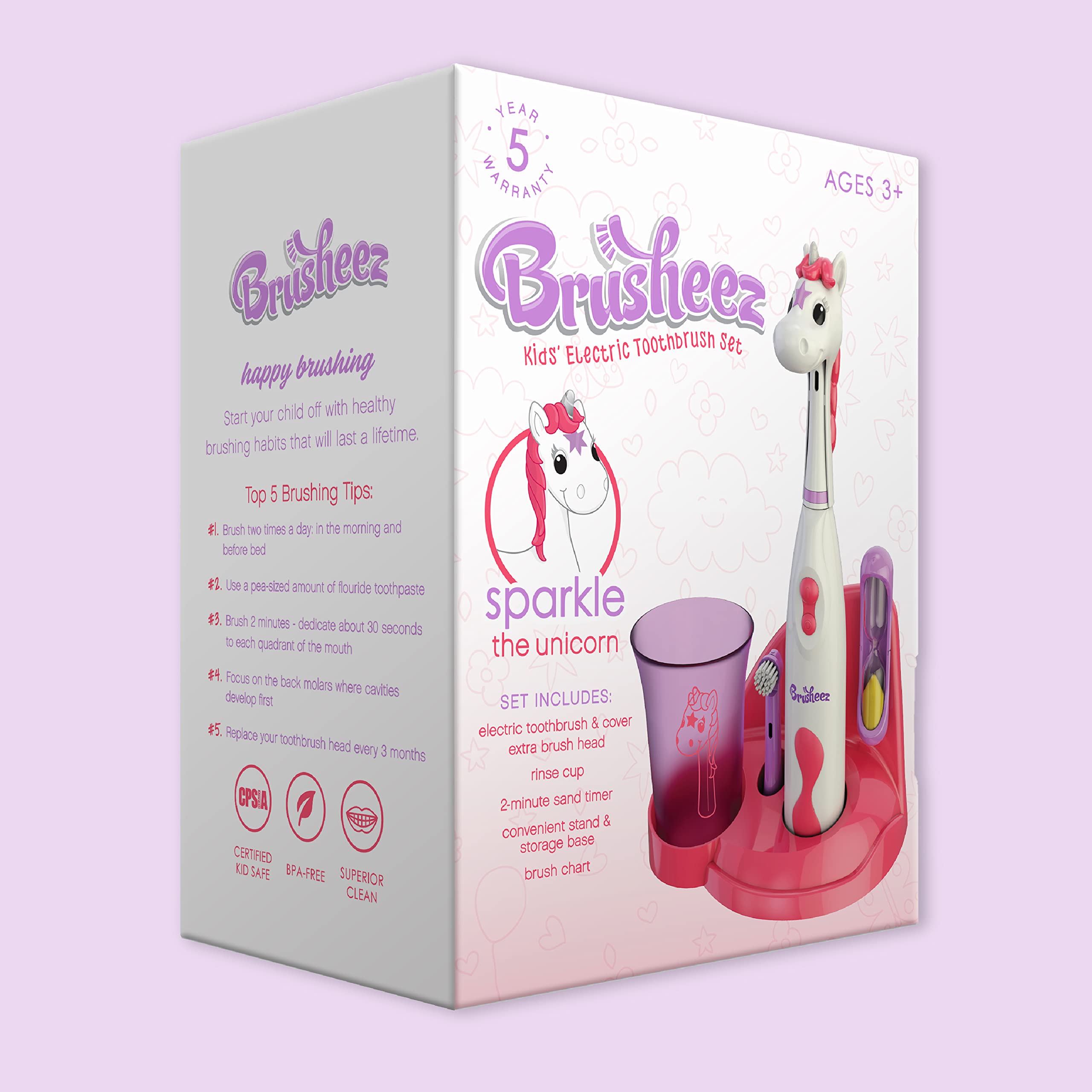 Brusheez Kids’ Electric Toothbrush Set - Safe & Effective for Ages 3+ - Parent Tested & Approved with Gentle Bristles, 2 Brush Heads, Rinse Cup, 2-Minute Timer, & Storage Base (Sparkle The Unicorn)