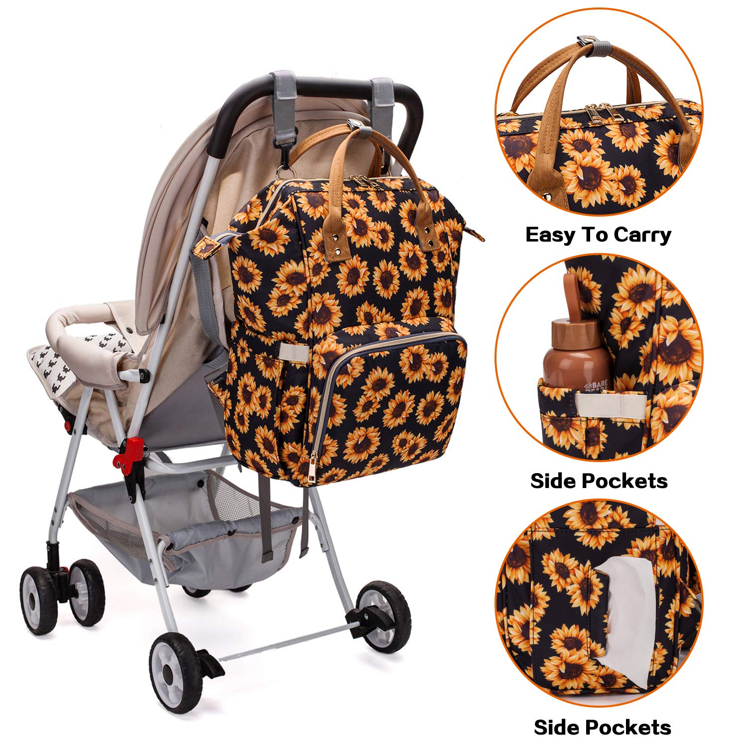 Sunflower Diaper Bag Backpack Set for Baby Girls, Large Floral Mom Bags with Nappy Pouch Stroller Straps