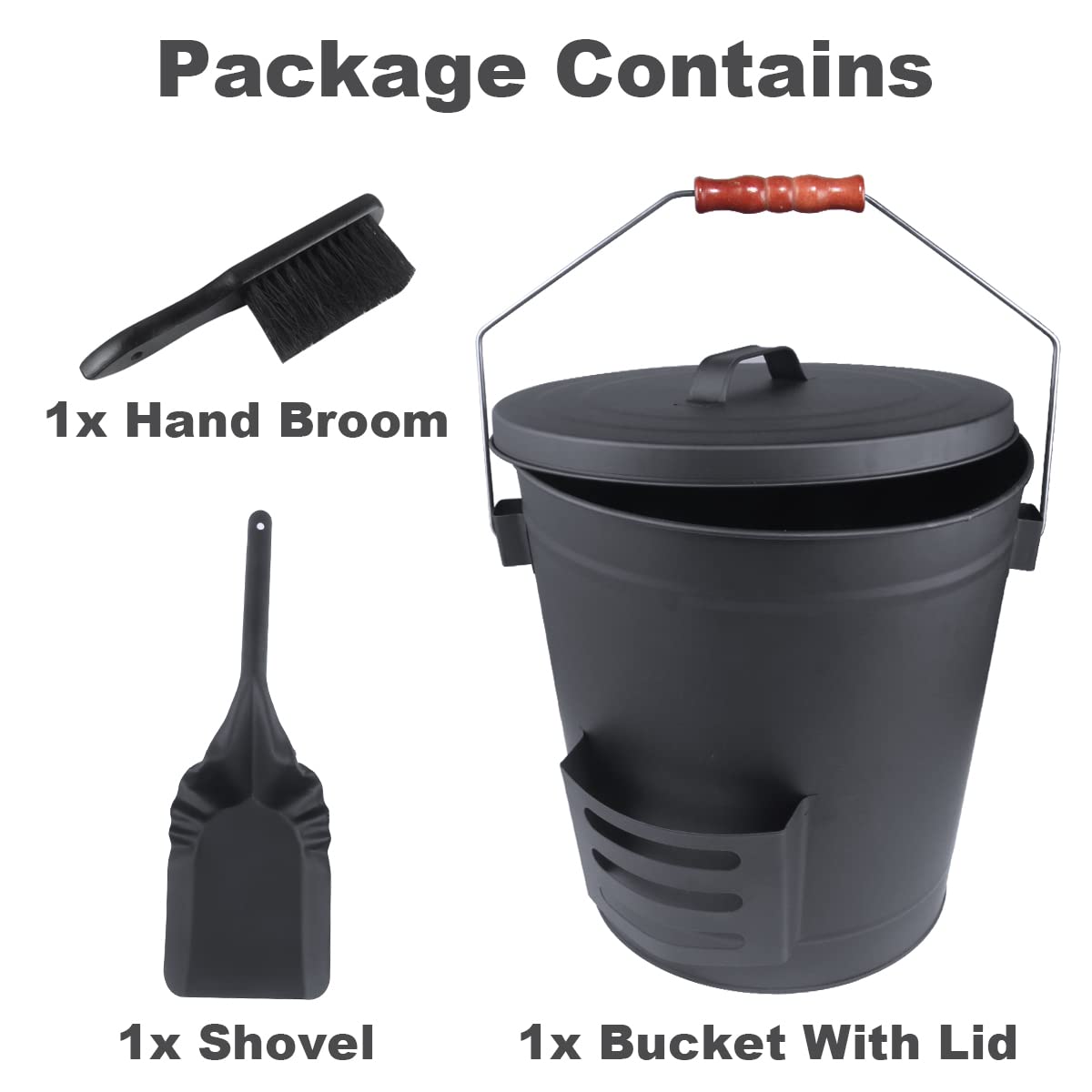 Ash Bucket with Lid and Shovel Hand Broom, 5.15 Gallon Large Galvanized Iron Metal Fireplace Tools Ash Pail for Fire Places Fire Pits Wood Burning Stoves Hearth Accessories Indoor Outdoor, Black
