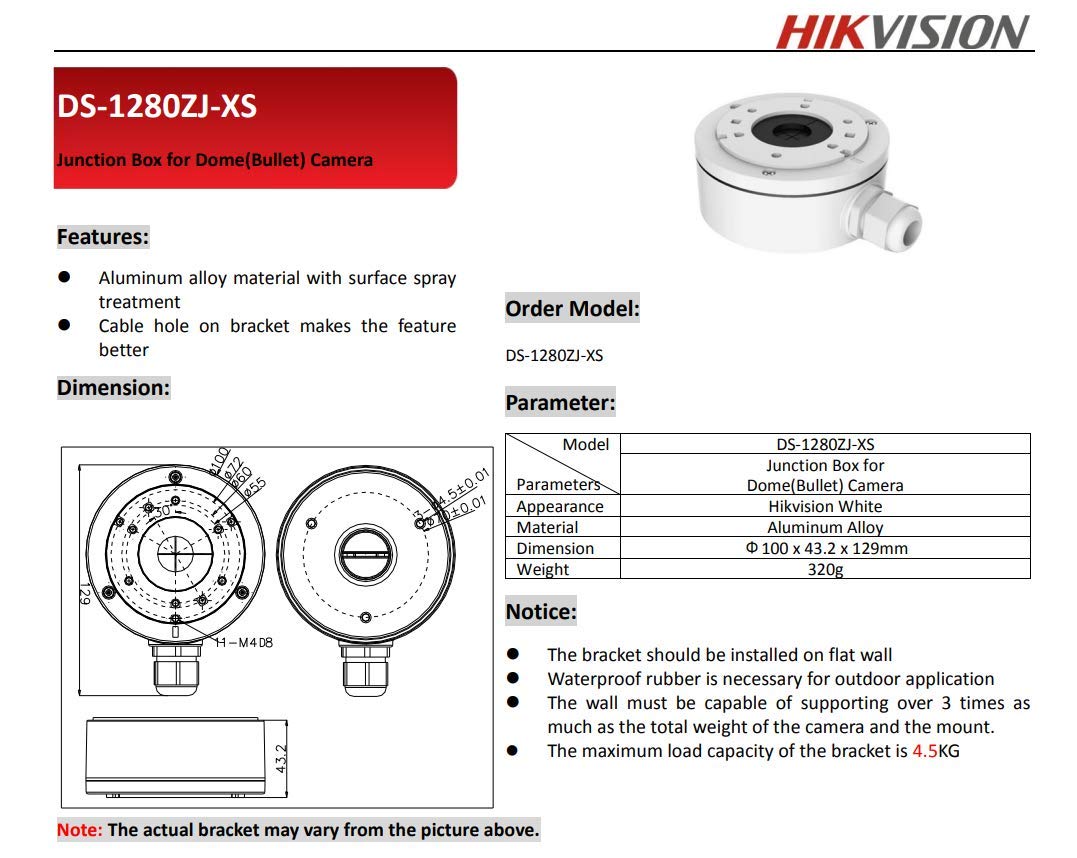 DS-1280ZJ-XS Aluminum Bracket Junction Back Box for Hikvision DS-2CD2042WD-I, 2CD20xx Series Bullet Cameras (4 Pack)