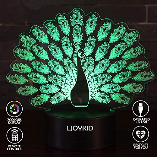 LJOYKID 3D Led Night Light Lamps - Optical Illusion 7 Colors Touch Table Desk Visual Lamp with Remote Control for Gifts for Children Kids (Peacock)