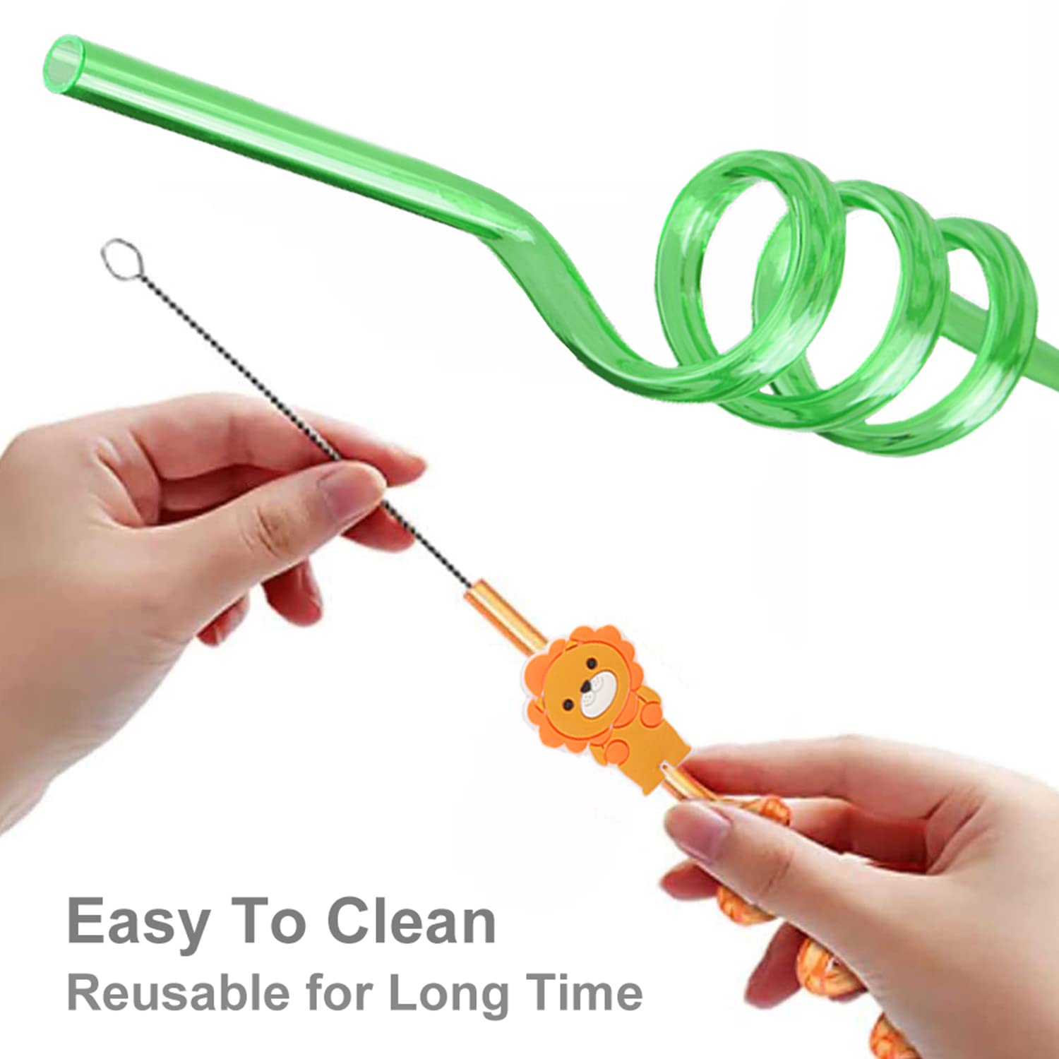 24 Reusable Jungle Animal Plastic Straws for Elephant Fox Dinosaur Giraffe Safari Birthday Party Supplies Favors,Woodland Party Gift Favor Twisted Straws with 4 Cleaning Brushes