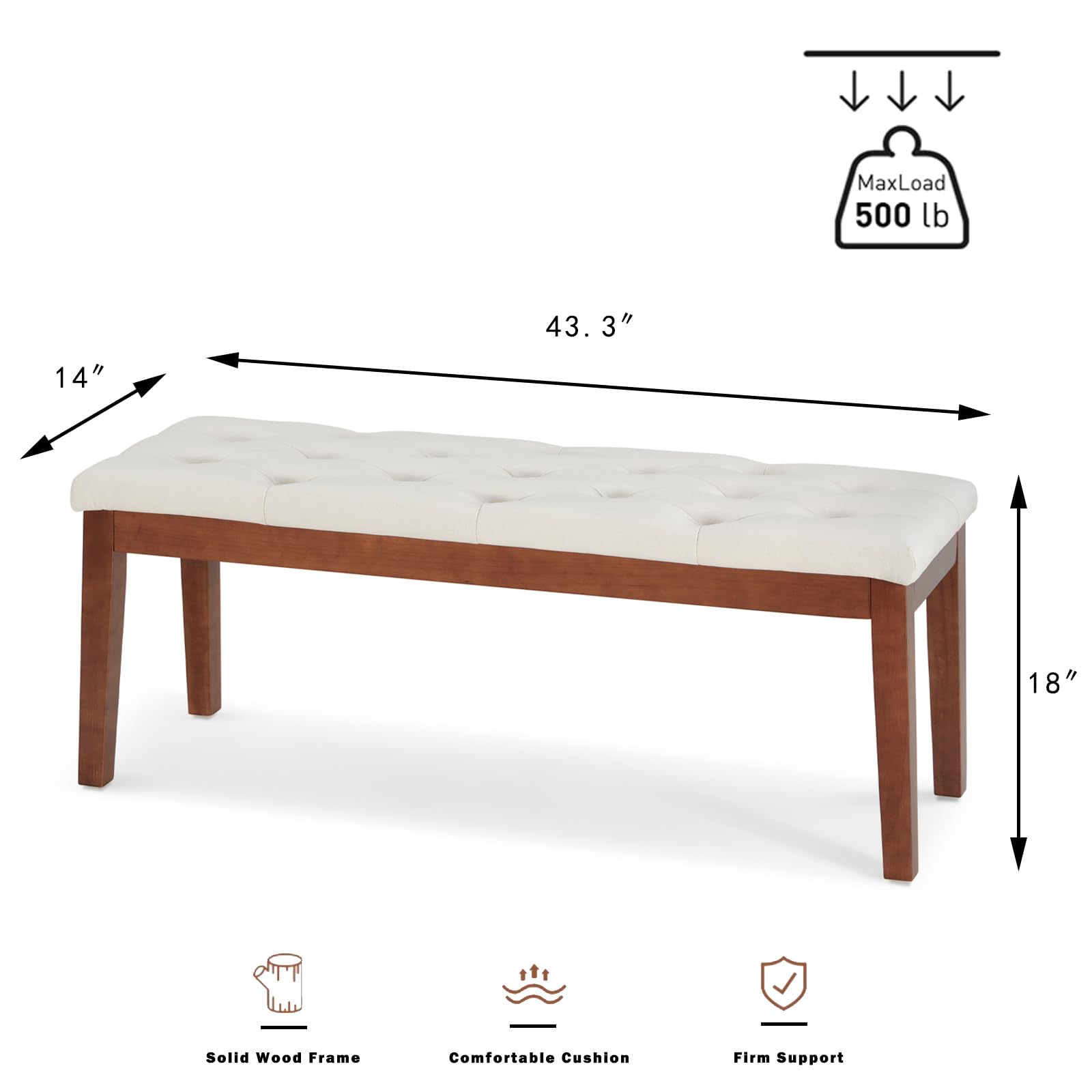 MILCIL Ottoman Bench Upholstered Padded Seat with Solid Wood Legs and Button-Tufted, Faux Leather Ivory