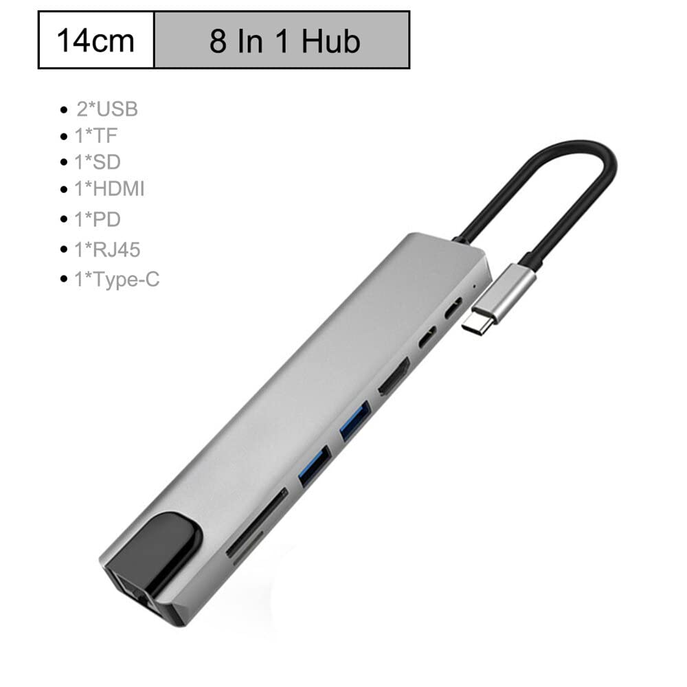 8-in-1 USB-C Hub Docking Station Adapter with 4K HDMI HD Display / 87W USB-C PD3.0 Power Delivery / USB-C Data Transmission / 2 * USB 3.0 / RJ45 Ethernet / Memory Card Readers