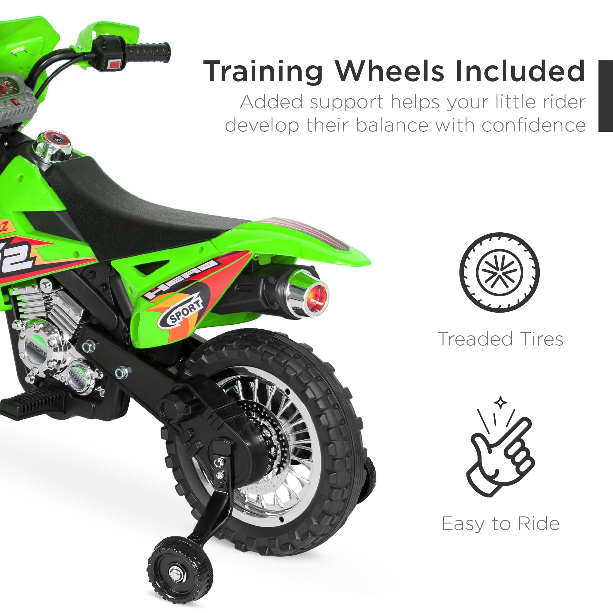 Best Choice Products Kids 6V Ride On Motorcycle w/Treaded Tires, Working Headlights, 2mph Top Speed, Training Wheels, Realistic Sounds, Music, Battery Charger - Green