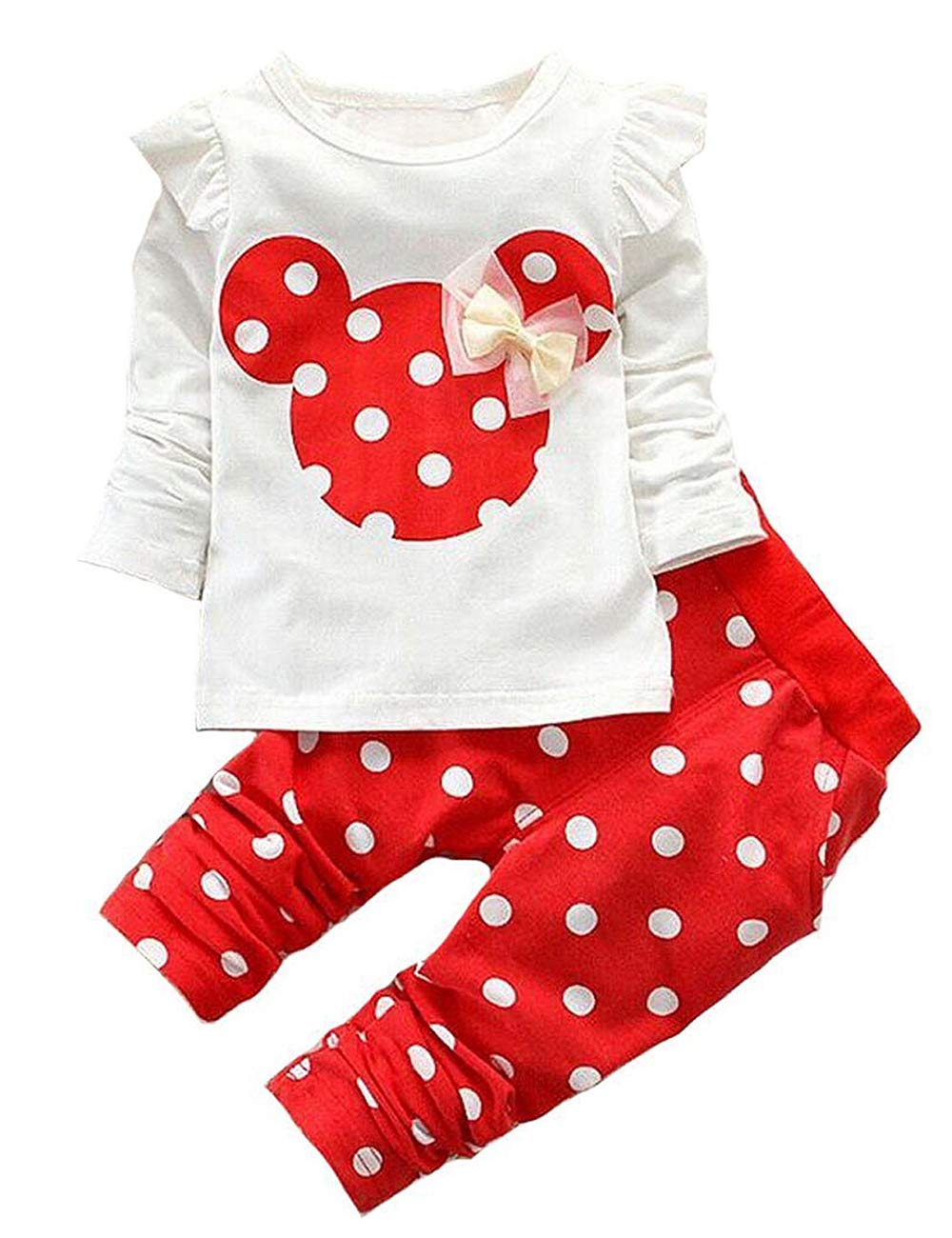 Cute Toddler Baby Girls Clothes Set Long Sleeve T-Shirt and Pants Kids 2pcs Outfits(White+Red,2T)