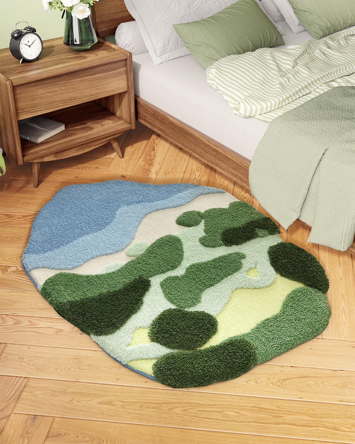 Color&Geometry Green Moss Rug for Bedroom Decor Aesthetic, 47"x39" 3D Soft Shaggy Bedside Rug,Non Slip Washable Area Rug for Home, Living Room, Bathroom Decor
