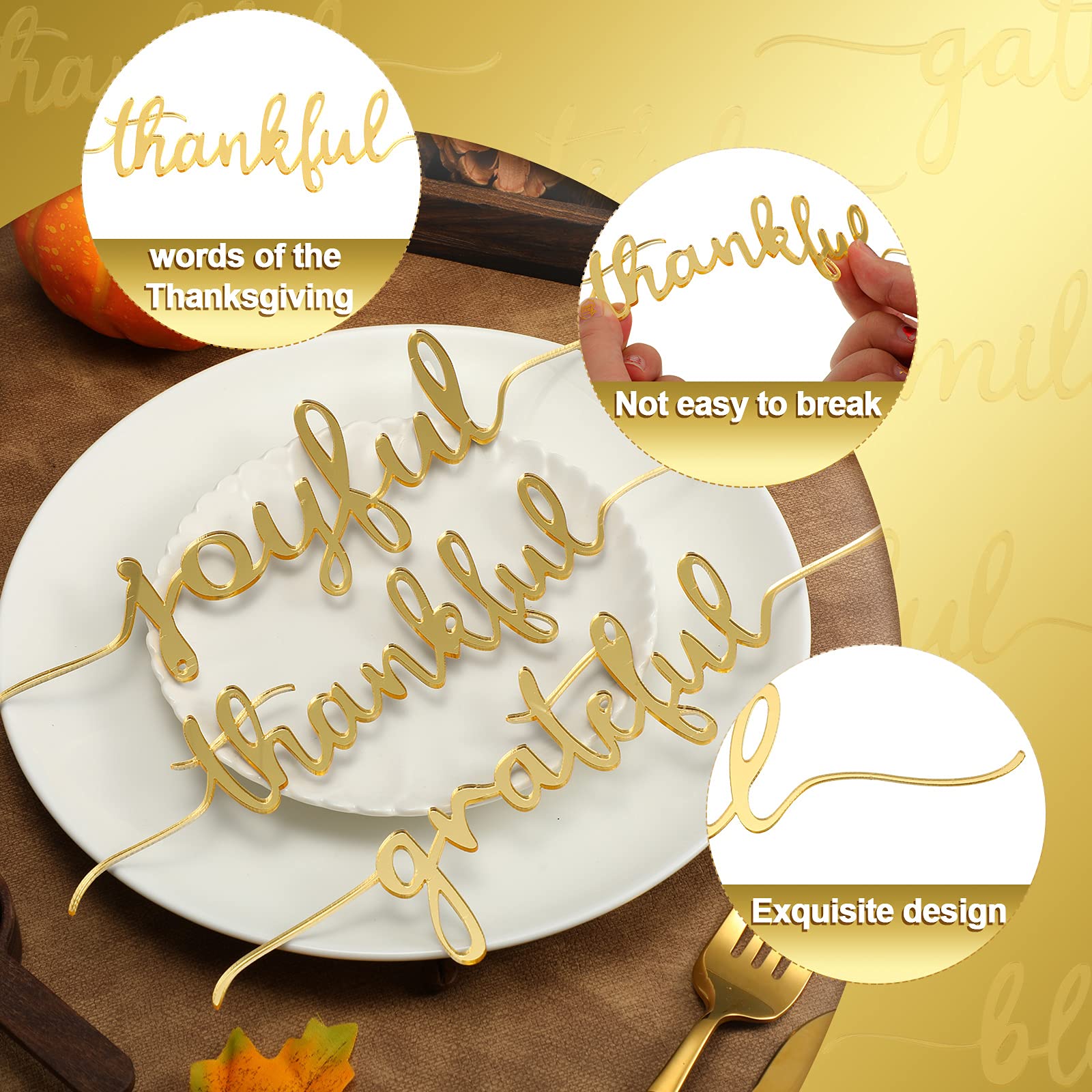 Marsui 12 Pieces Thanksgiving Acrylic Cutouts 6 Patterns Thankful Plate Sign Place Cutouts Grateful Blessed Gather Fall Plate Decors for Thanksgiving Table Decor Home Party(Vivid Style,Gold)