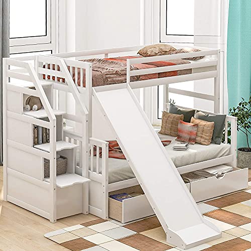 ATH-S Twin Over Full Bunk Bed with Slide, Twin Over Full Bunk Bed with Storage Drawers and Stairscase, Wood Bunk Bed Frame with Guardrails for Kids Boys Girls Teens Adults, No Box Spring Needed, White