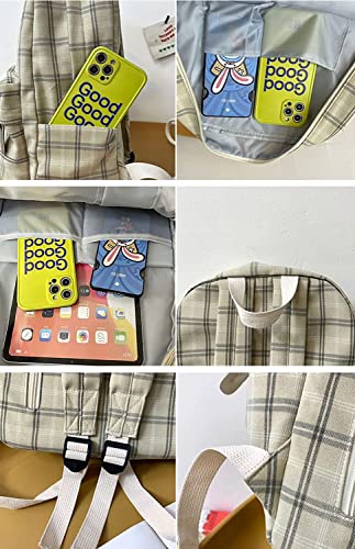 AONUOWE Light Academia Aesthetic Backpack Plaid Preppy Backpack Teen Girls Back to School Supplies Checkered Bookbags (Light Grey)