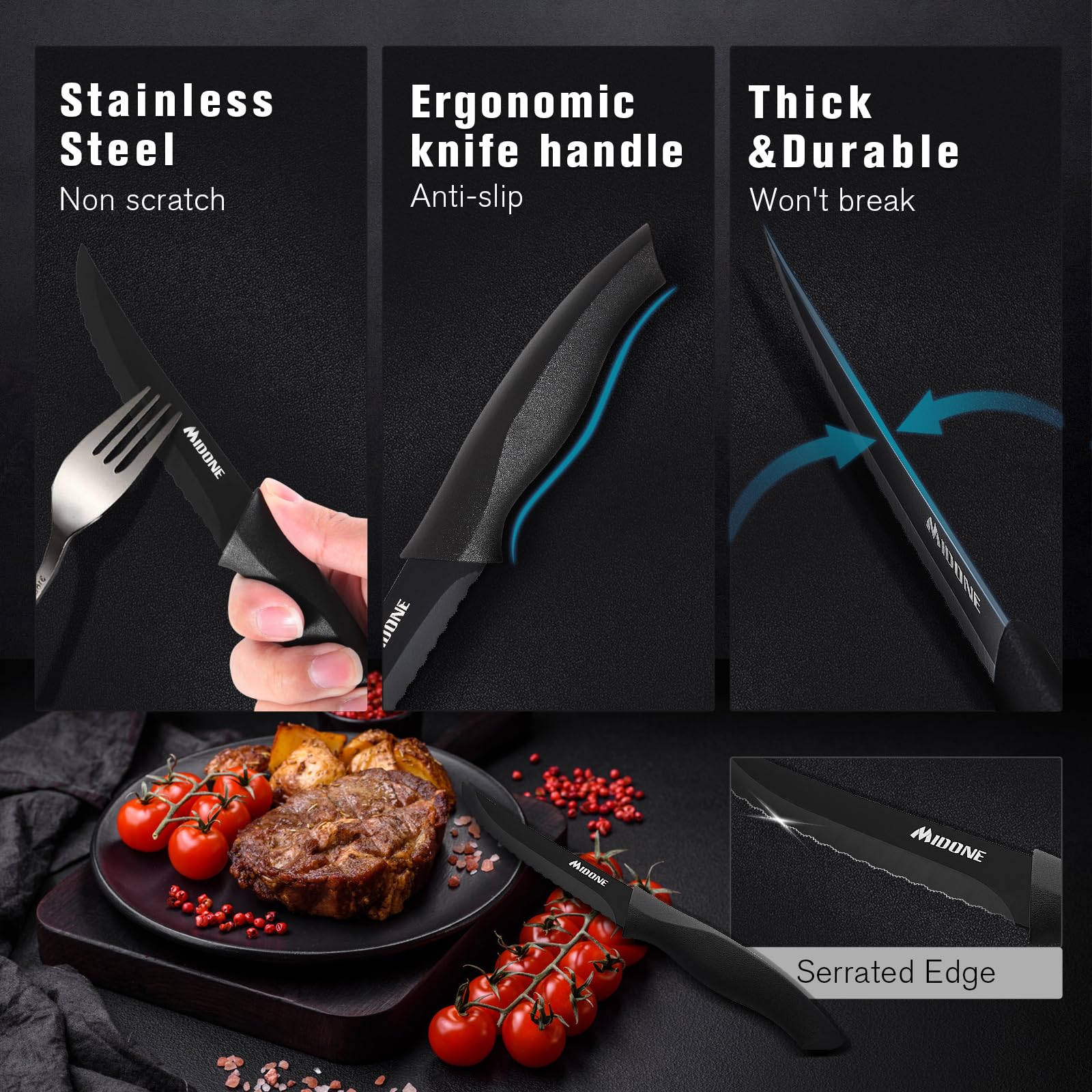 MIDONE 8 Pcs Steak Knives, Steak Knives Set of 8, High-Carbon Stainless Steel Steak Knife Set, Ergonomic Handles Serrated Steak Knives for Precise Cutting, Elegant Black