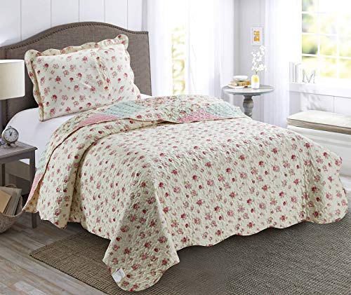 Brilliant Sunshine Pink and Green Rose Patchwork, 2-Piece Quilt Set with 1 Sham, Reversible Bedspread, Soft Lightweight Coverlet, All-Season, Twin, Pink Green