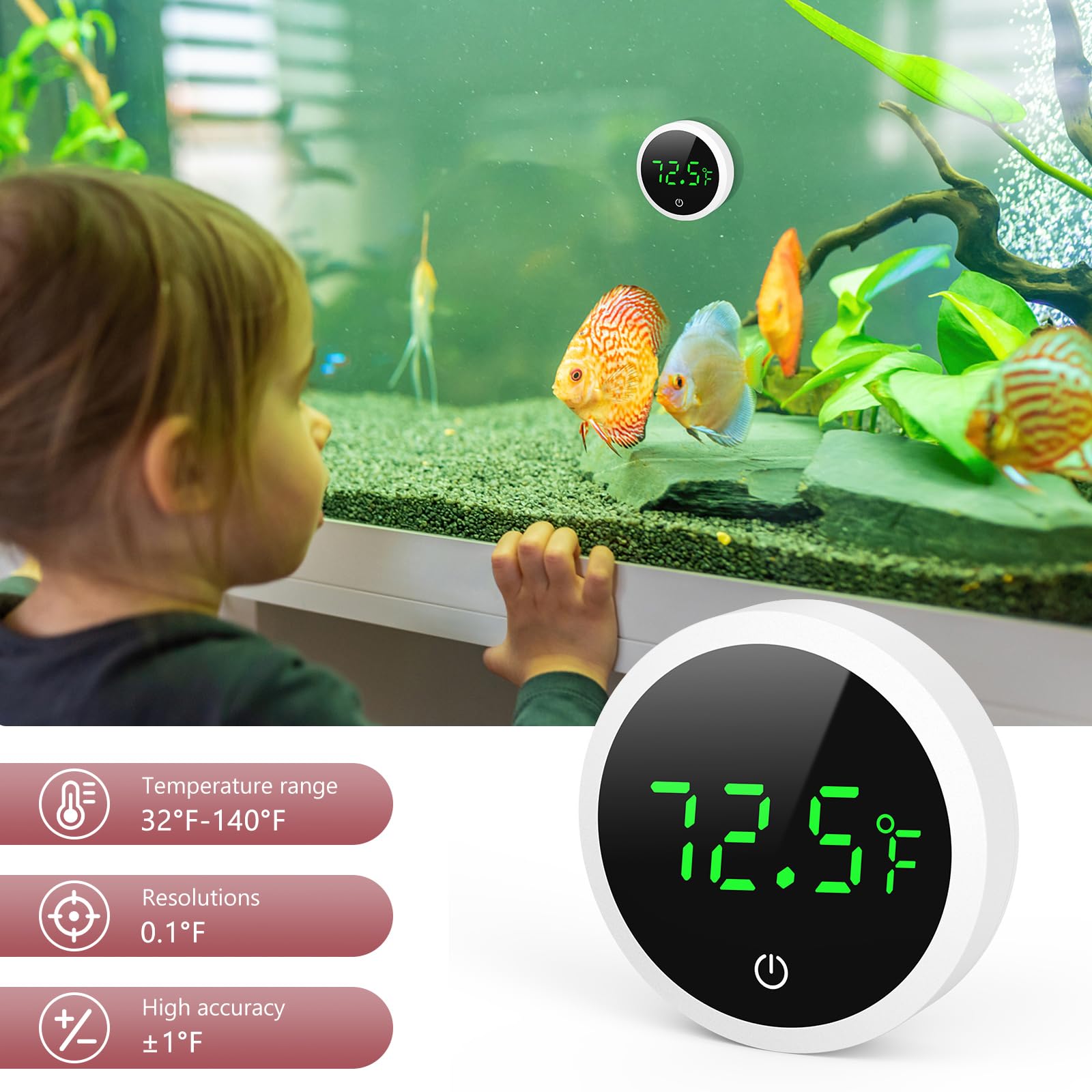 LOFICOPER Aquarium Thermometer, Digital Fish Tank Thermometer, Stick-on Reptile Thermometer with LED Touch Screen, Battery, for Fish, Aquatic Pets, Axolotl, Turtle, β