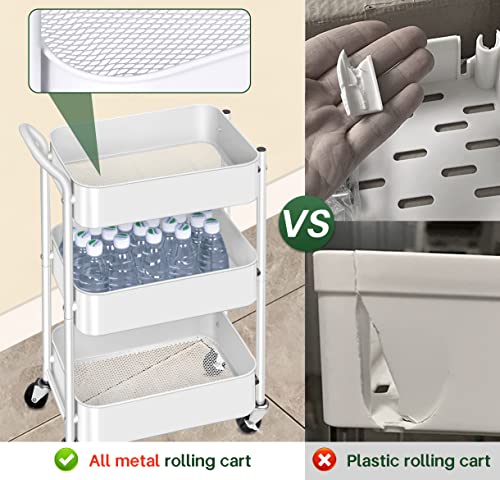 AOODA 3 Tier Under Desk Metal Rolling Cart with Handle and Lockable Wheels, 27'' Height Small Book Cart Mobile Art Cart Rolling Storage Organizer for Office, Bathroom, Kitchen, Nursery (White)