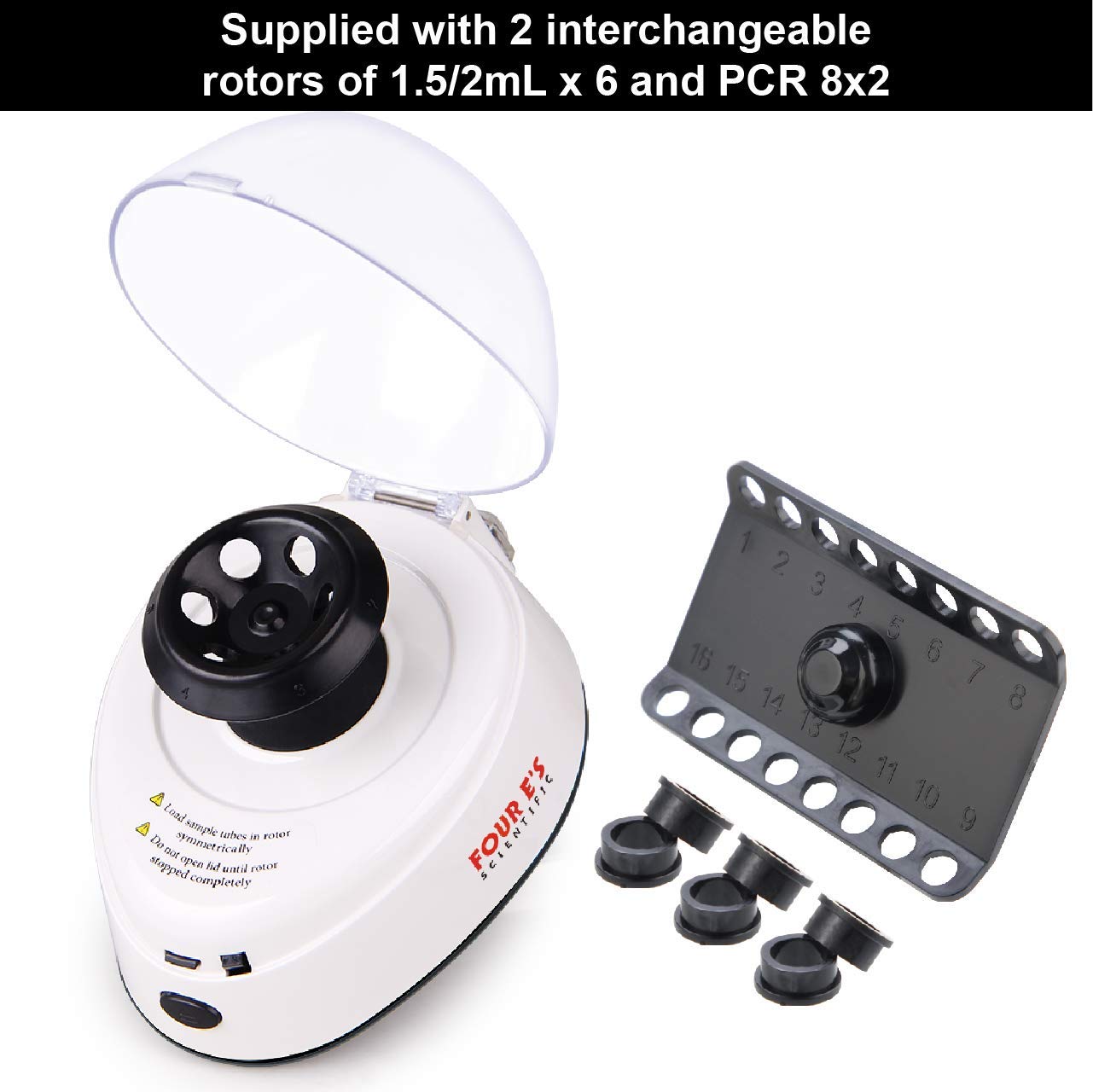 Mini Centrifuge Machine, Four E's Scientific Lab Benchtop Centrifuge 5400rpm, 2000 x g RCF with 2 Interchangeable Rotors for 0.2/0.5/1.5/2mL Tube Capacity