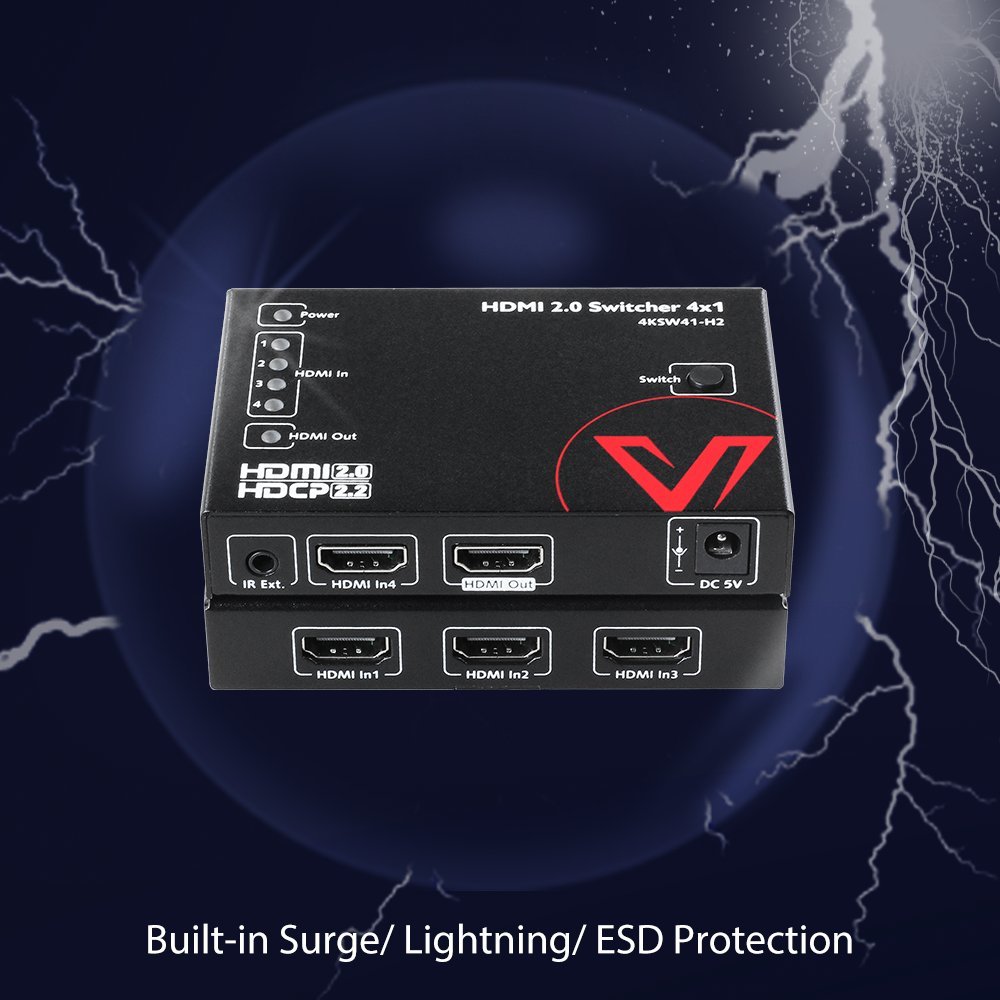 AV Access HDMI 2.0 Switch 4 in 1 Out UHD 4K@60Hz & 1080p@120Hz, HDR10 Dobly Vision and 3D, 18Gbps Zero Latency, HDCP 2.2, Plug & Play, IR Remote/Plug-in/Button Switch, Digital DTS-HD TrueHD Audio