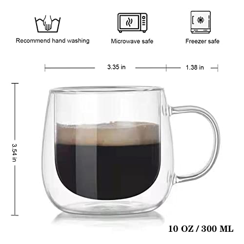 BNUNWISH Double Wall Glass Coffee Mugs 10oz Set of 4 Insulated Clear Tea Cups with Handle, Perfect for Espresso, Latte and Cappuccinos