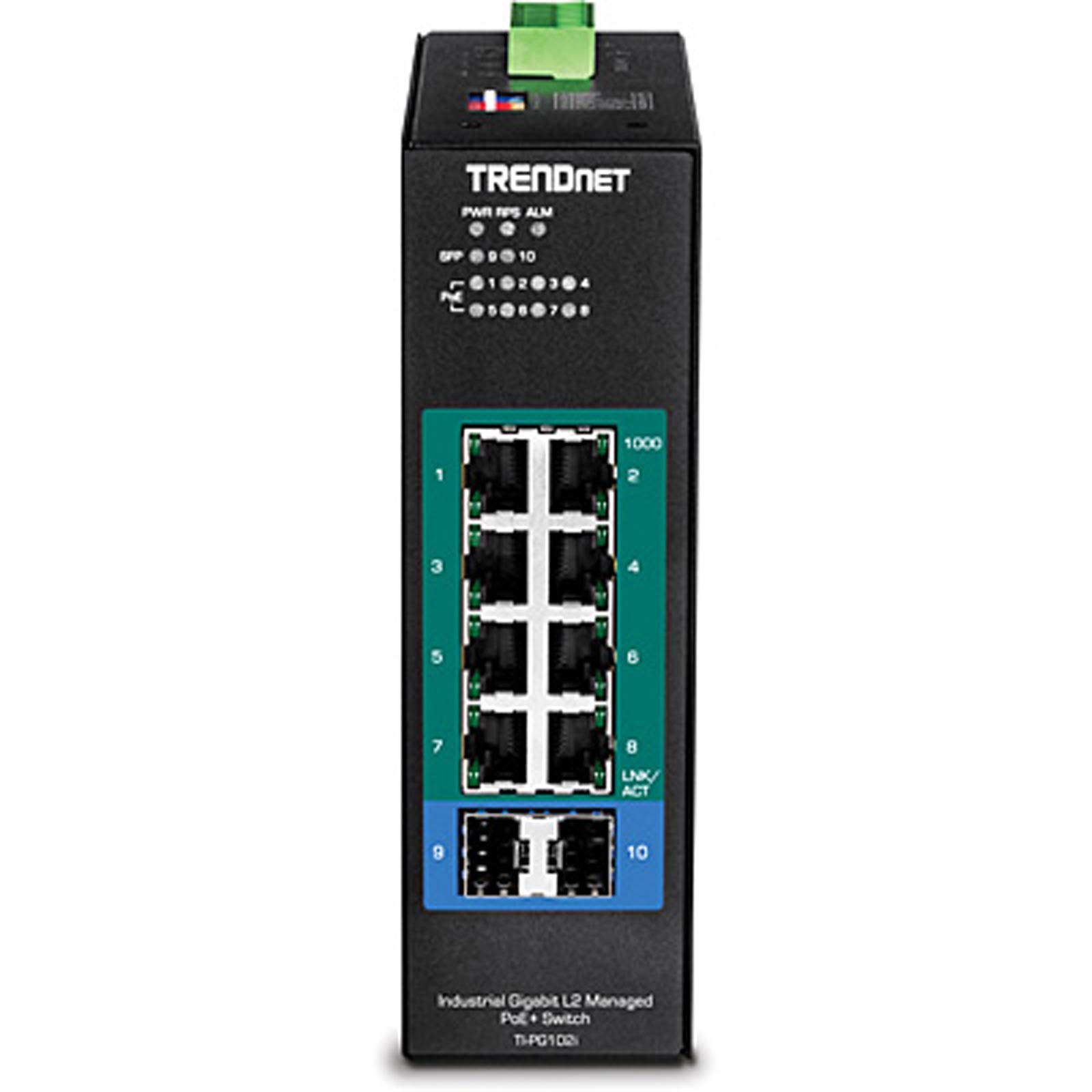 TRENDnet 10-Port Industrial Gigabit L2 Managed PoE+ DIN-Rail Switch, 8 x Gigabit PoE+ Ports, DIN-Rail Mount, 2 x SFP Slots, 24–57V DC Power Input, IP30, VLAN, Lifetime Protection, Black, TI-PG102i