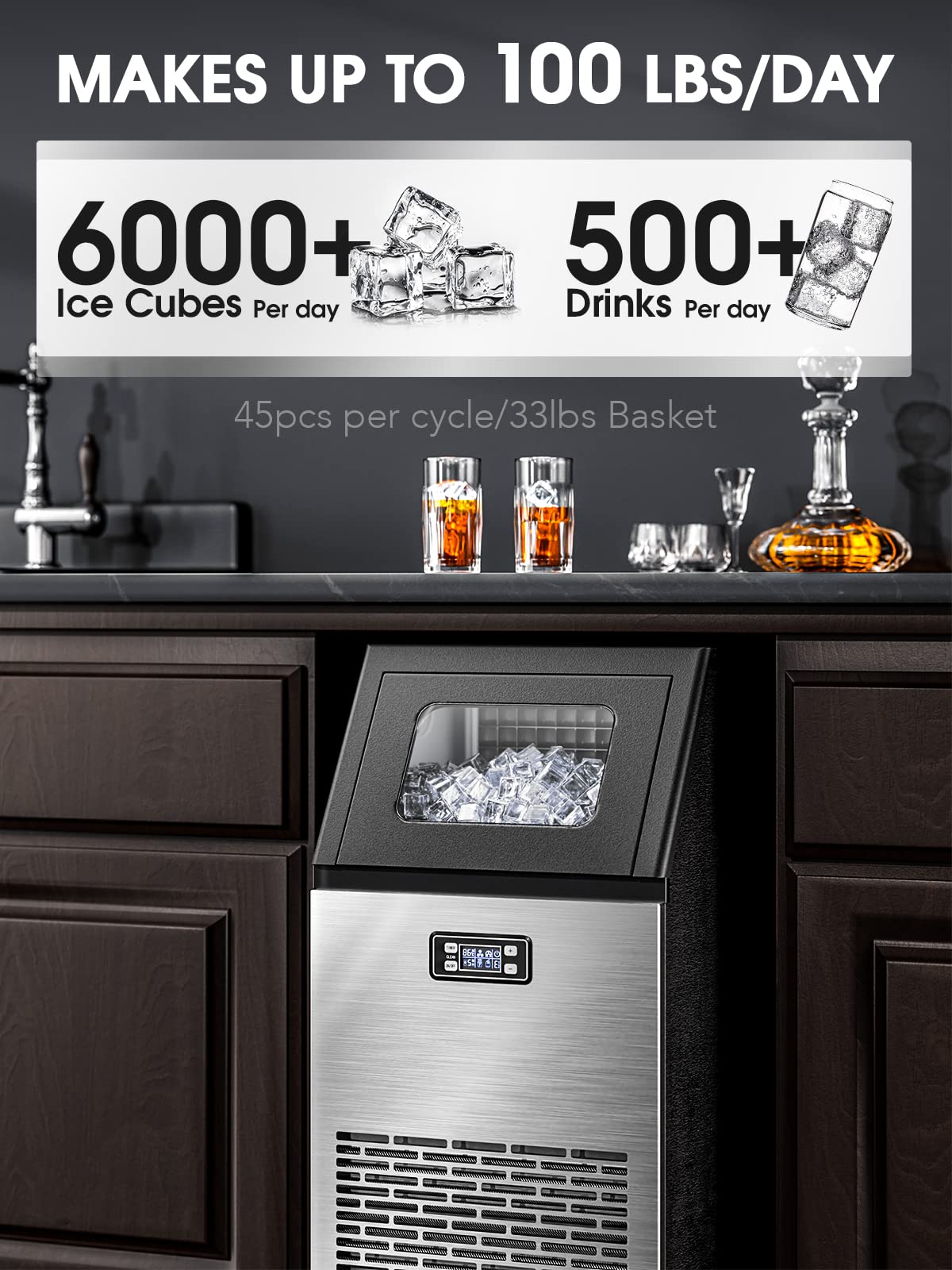 Joy Pebble V2.0 Commercial Ice Machine,100 lbs /24H, Self Cleaning Ice Maker,Under Counter Ice Machines with 24 Hour Timer,Ice Thickness Control,Stainless Steel Ice Makers for School,Home,Bar,RV