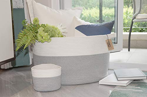 Blanket Baskets 21''x13.6''Cotton Rope Laundry Hamper Baby Nursery Storage Organizer Bundle with 13.5"x11"x 9.5"square woven Rope Basket for Shelves Toys, Nursey Cube Bin, Decorative Storage Organizer