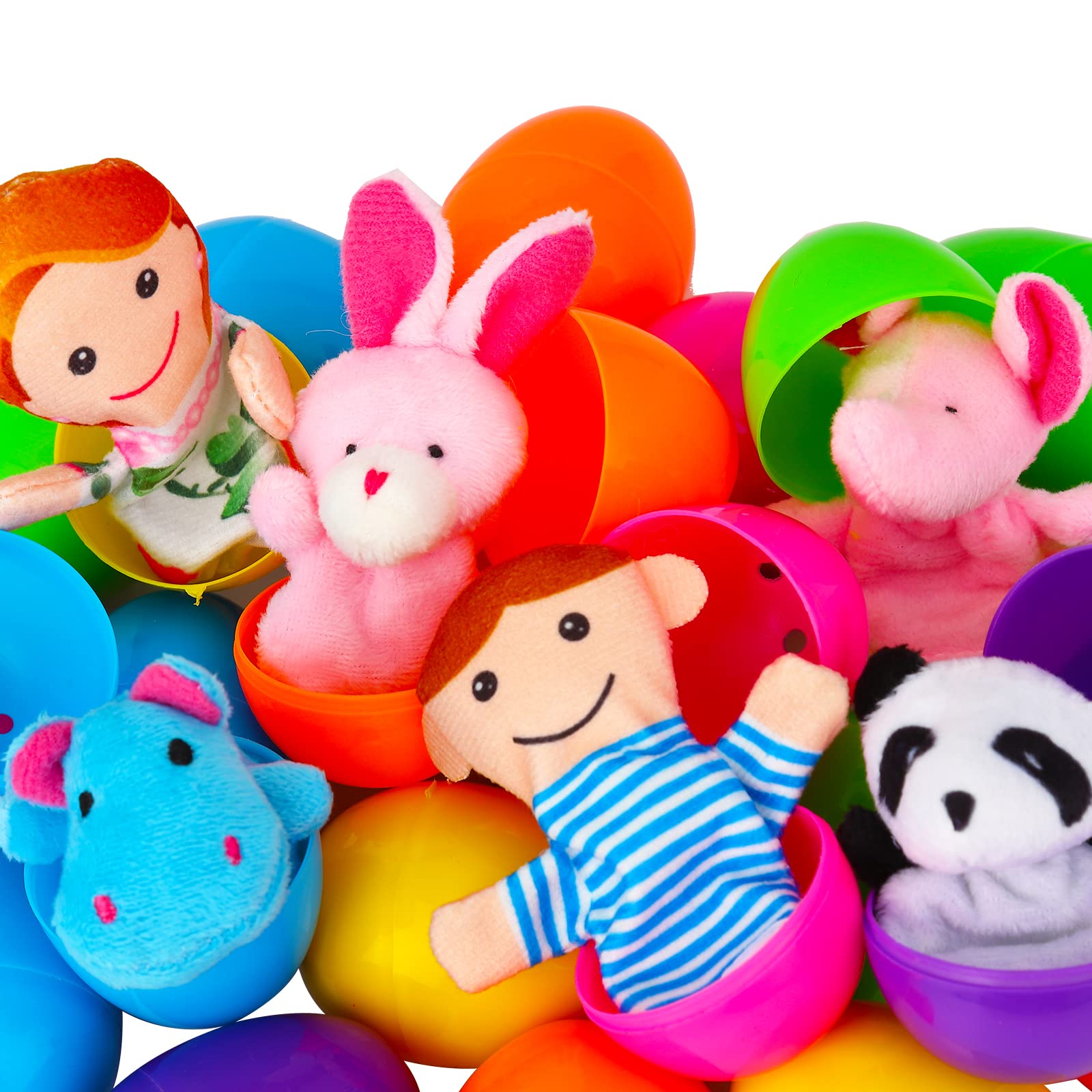 24pcs Easter Eggs Filled with Mini Animal Finger Puppets Plush Toys, Plush Animals Finger Puppets Easter Toys for Kids Easter Party Basket Stuffers, Easter Eggs Hunt Gift Exchange, Classroom Rewards